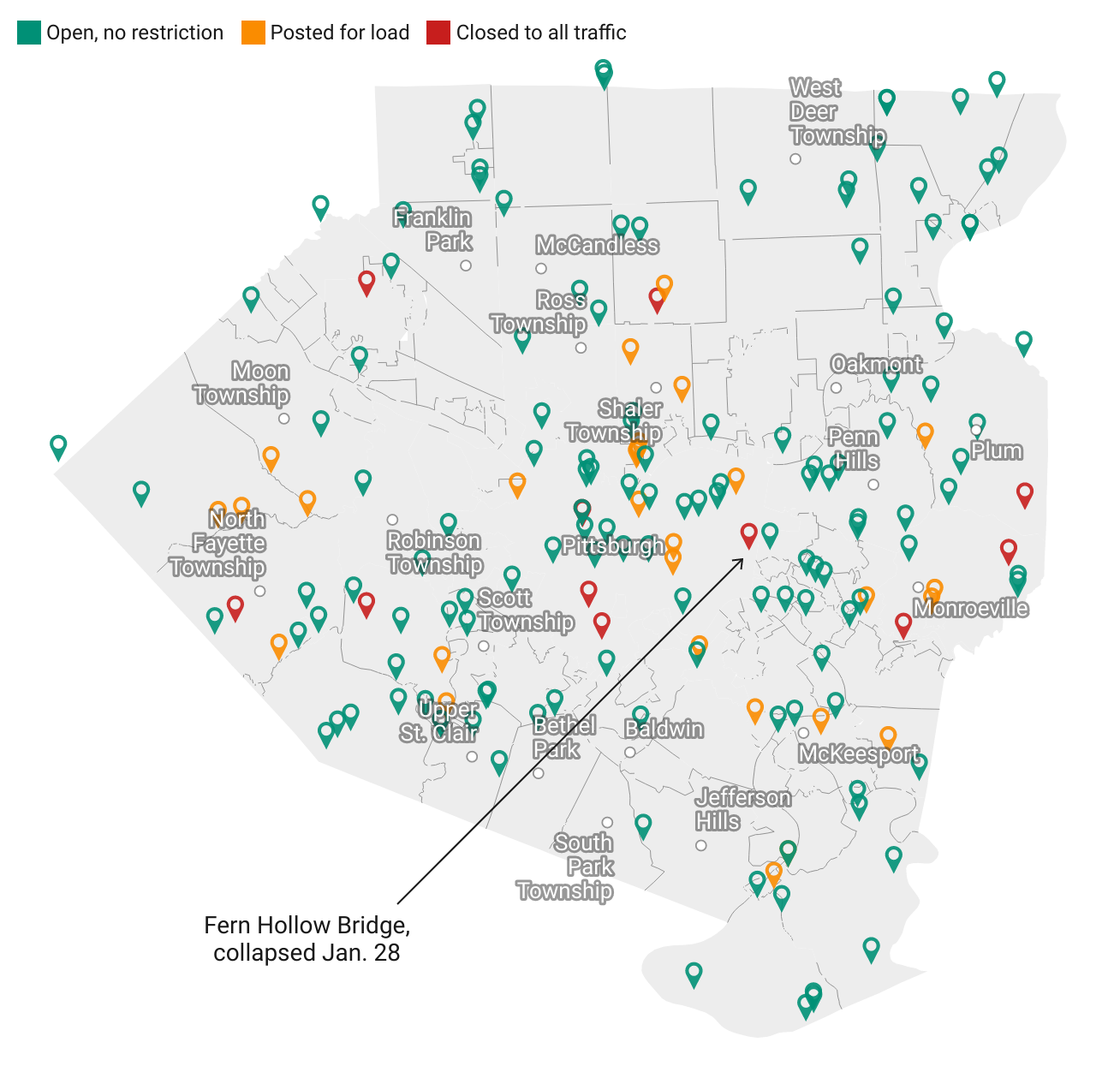 Explore details on each poorly rated bridge in Allegheny County